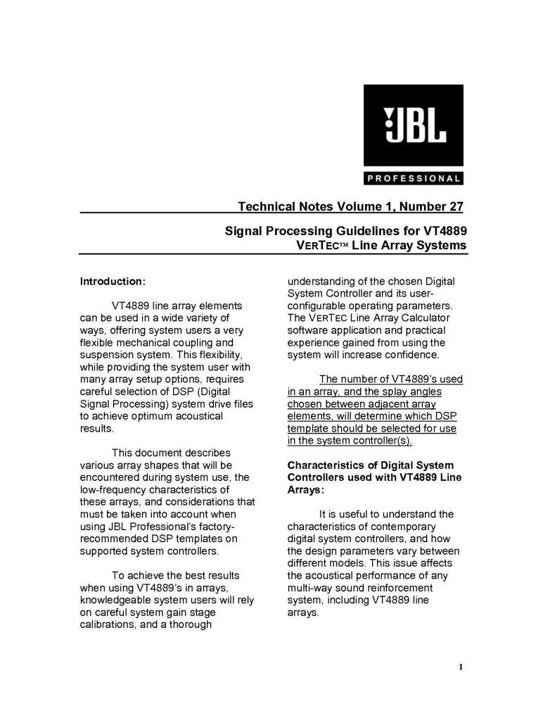 JBL Technical Note - Vol.1, No.27 - Signal Processing Guidelines for VT4889 VERTEC Line Array ...